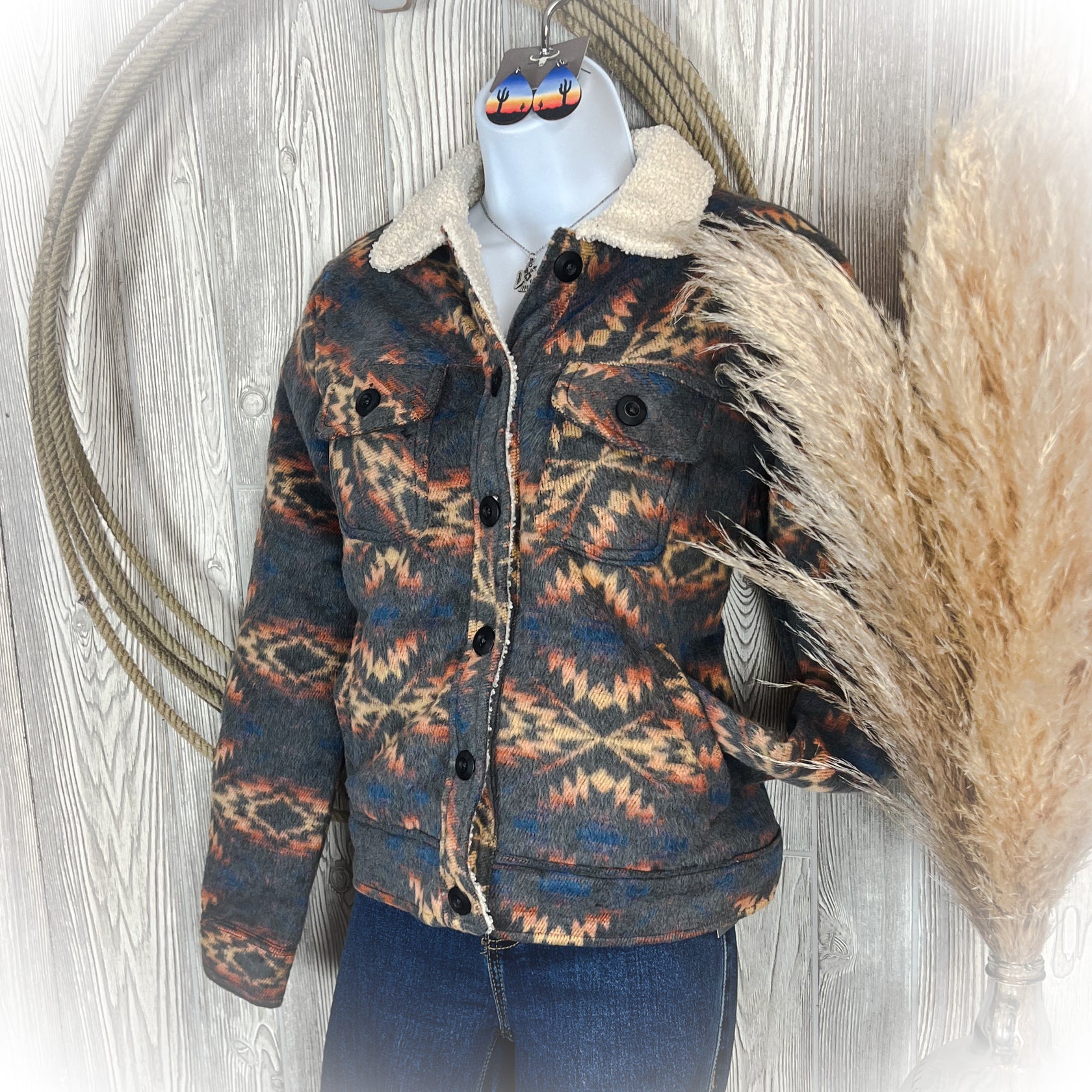 Charcoal Aztec Sherpa Jacket | Punchy Cactus | Western Boutique ...