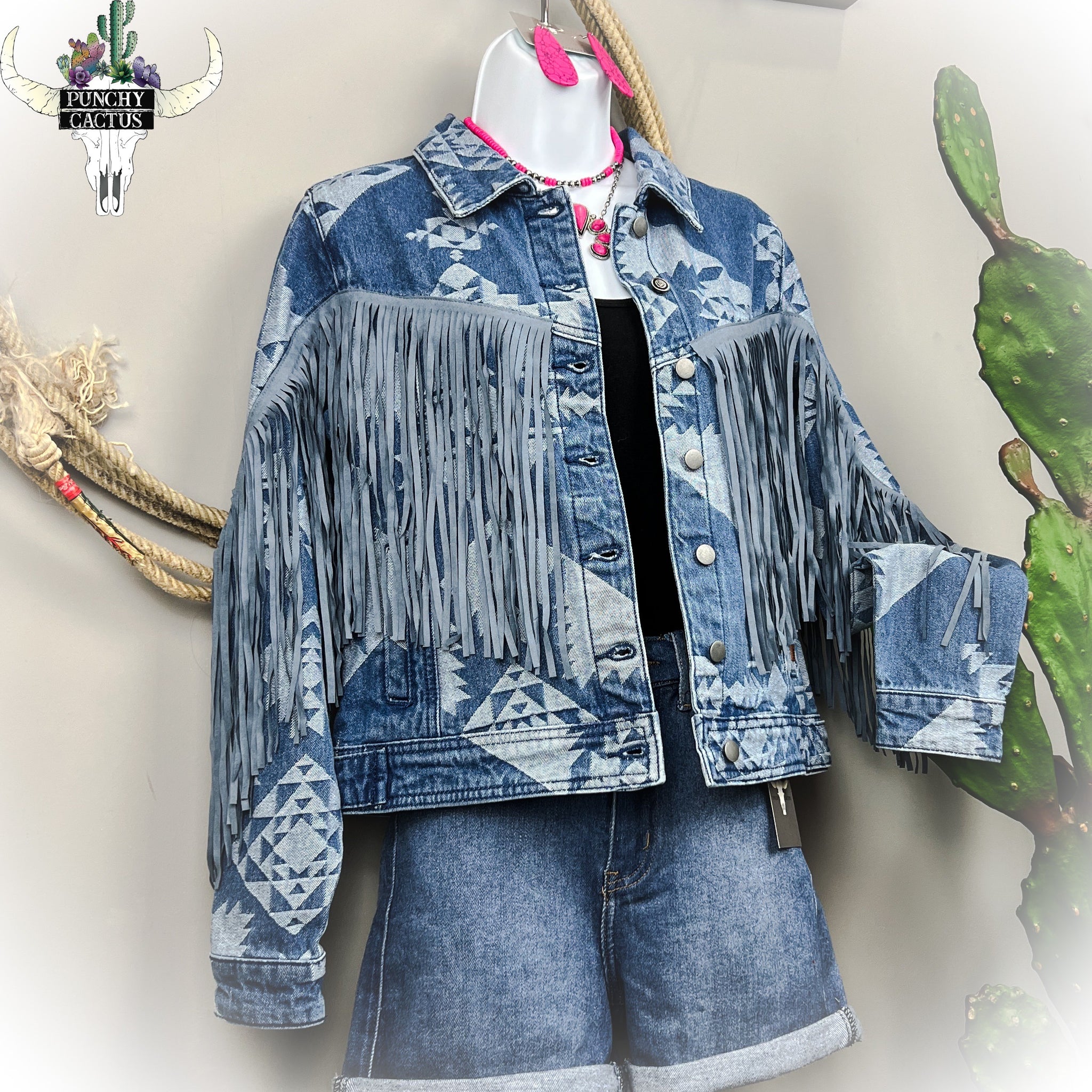 Aztec Denim Fringe Jacket | Punchy Cactus | Western Boutique – Punchy ...