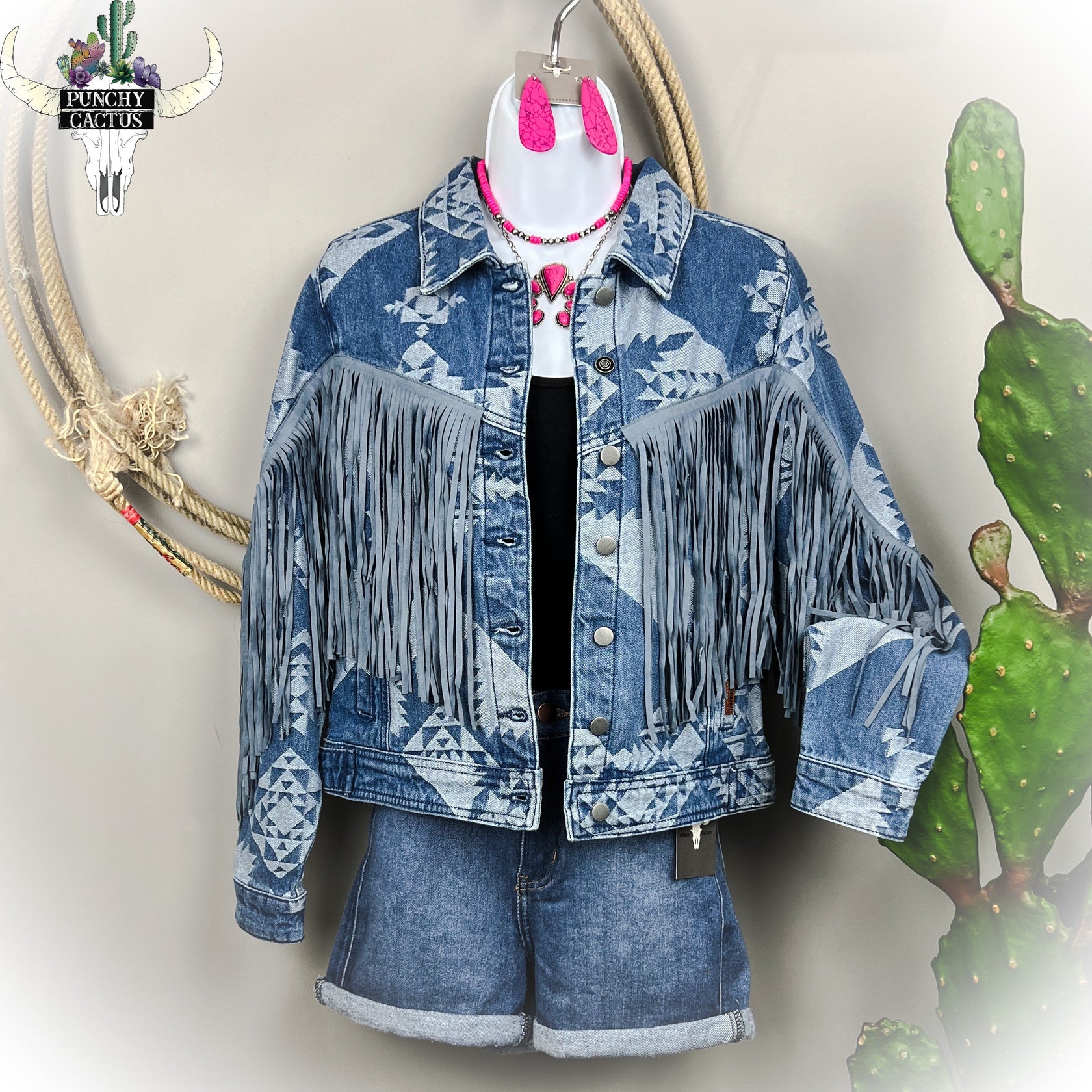 Aztec Denim Fringe Jacket | Punchy Cactus | Western Boutique – Punchy ...